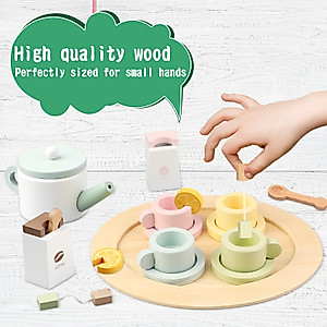 Wooden Tea Set for Little Girls - 20Pcs Tea Party Toys Set - Toddler Play Kitchen Accessories Play Food Toy for Kids Boys Girls
