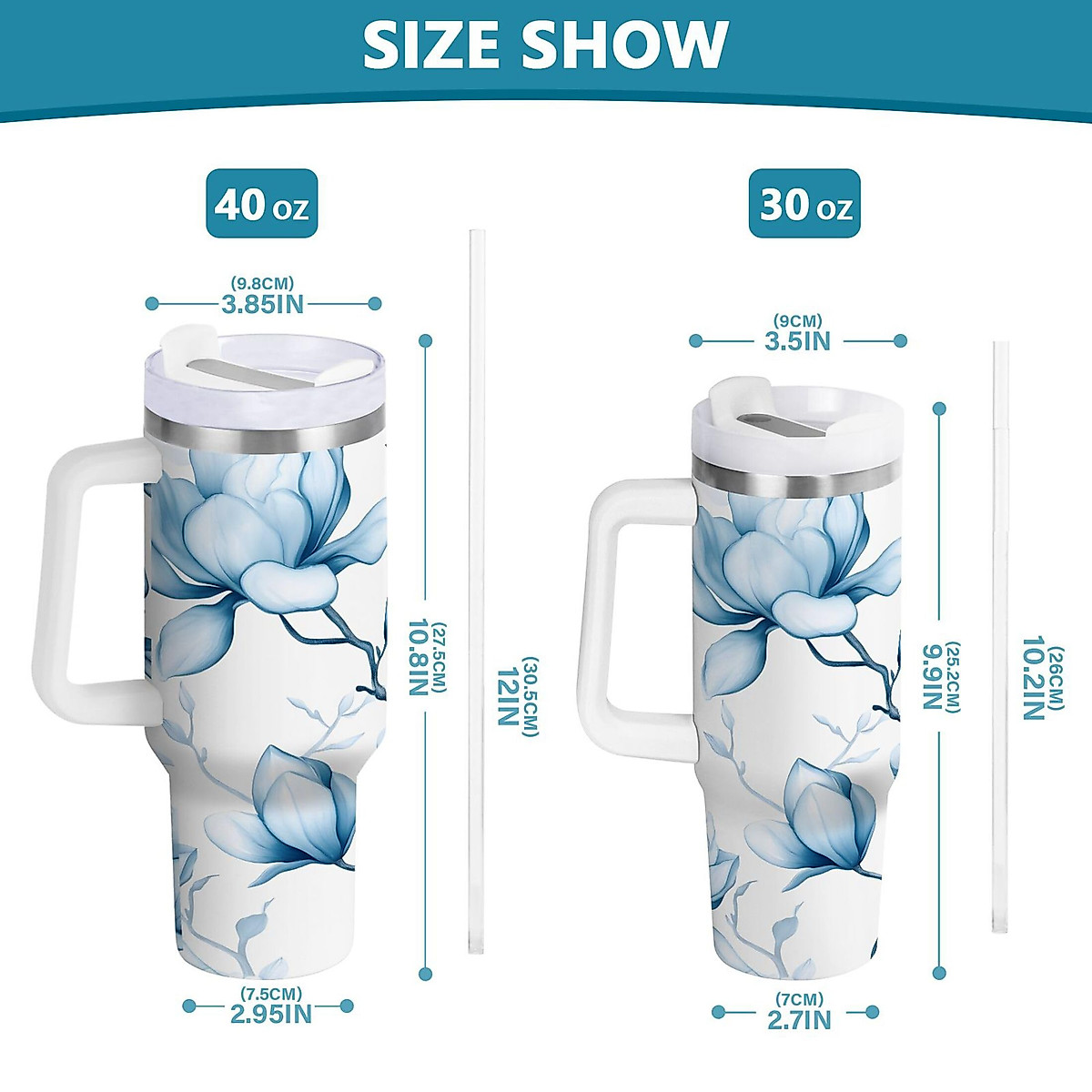 xigua 40 oz Blue Magnolia Flowers Tumbler with Handle and Straw Lid, Stainless Steel Vacuum Insulated Sports Water Bottle, Keeps Cold or Hot Coffee Cup Travel Mug