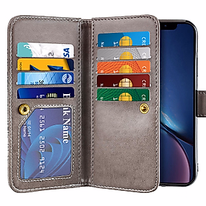Vofolen Case for iPhone XR Case Wallet Card Holder Leather PU Flip Cover Folio Detachable Magnetic Slim Shell Dual Layer Heavy Duty Protective Bumper Armor Wristband for iPhone XR 10R Mandala Grey