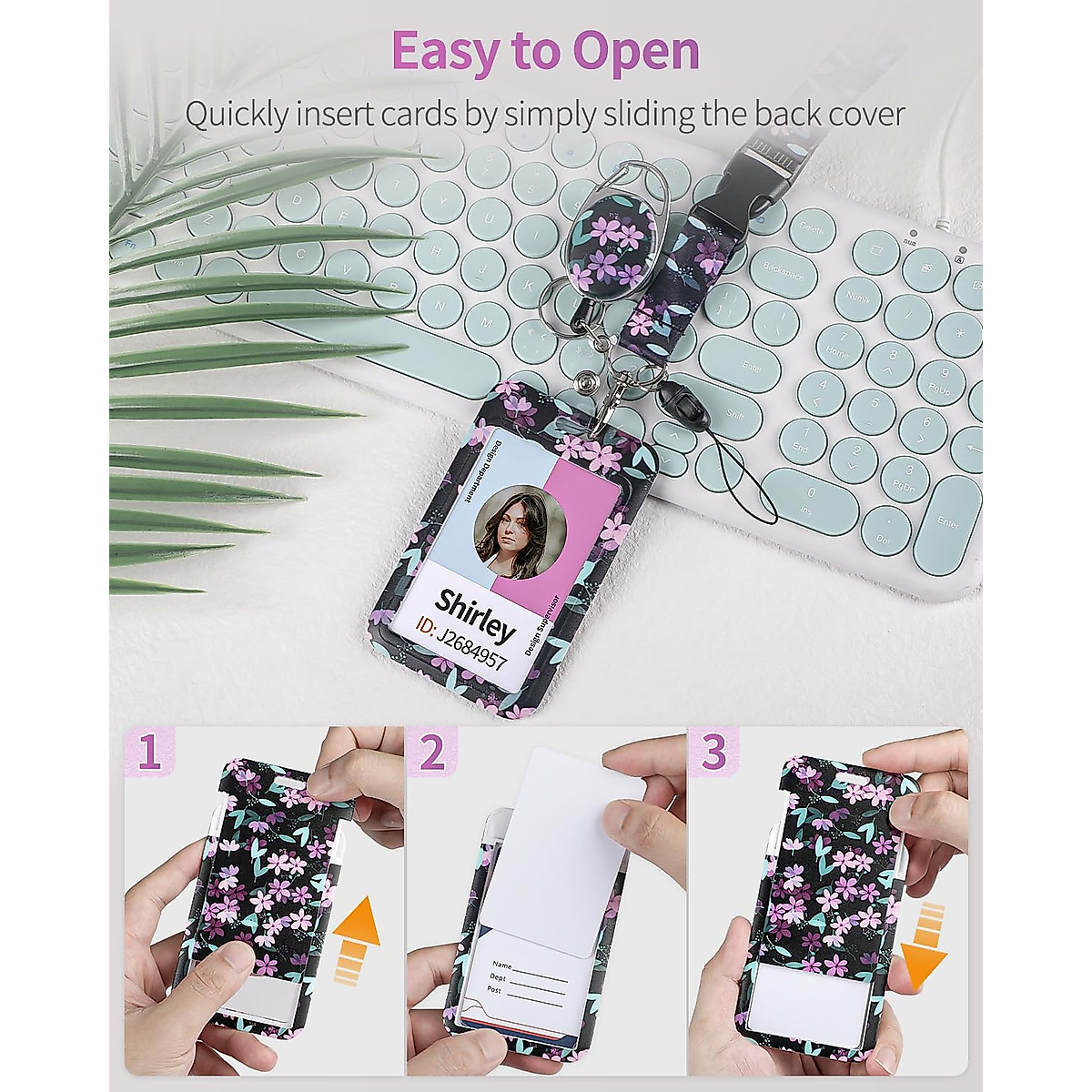 Uniclife Floral Sliding Badge Holder Purple Flower Plastic Case with Retractable Badge Reel Carabiner Clip & Detachable Lanyard Strap Fashionable Vertical Card Protector for Women Teacher Student