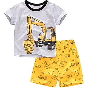 Popshion Boys Excavator Pajamas Summer Short Sets Toddler Pjs Cotton Jammies Truck Pj Clothes Kids Sleepwear 5t