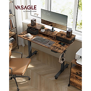 VASAGLE Electric Standing Desk with Drawers, Sit Stand Desk with Built-in Power Strip, Adjustable Height, 23.6 x 47.2 Inches, 2 Hooks, Memory Function, for Home Office, Rustic Brown ULSD182X21