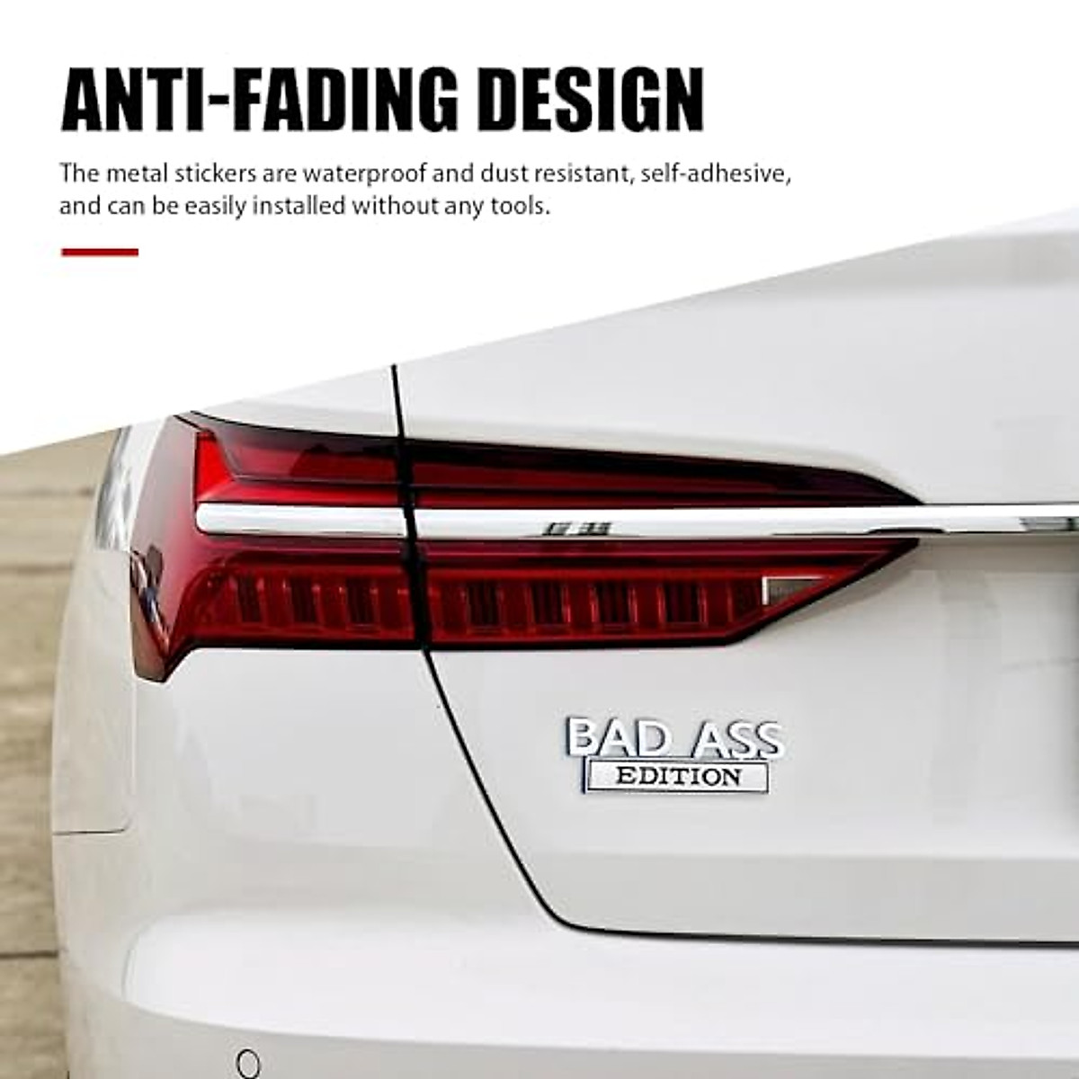 Hawyet 1 PC Car Fender Badge Sticker, 3.93" x 1.33" Bad Ass Edition Zinc Alloy 3D Engine Hood Decal, Universal Body Decoration Modification Accessory, Suitable for Most Car Models (Silver & Black)