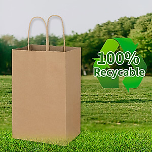 Toovip 100 Pack 5.25x3.25x8.25 Inch Small Plain Brown Kraft Paper Bags with Handles Bulk, Gift Bags for Favor Grocery Retail Party Birthday Shopping Business Goody Craft Merchandise Take Out Sacks