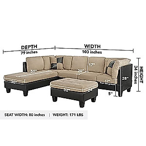 Casa AndreaMilano 3 Piece Microfiber and Faux Leather Sofa and Ottoman Set, 102" W, Large, Camel