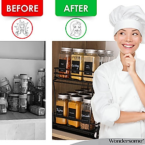 Wondersome Pull-Out Spice Rack Organizer for Cabinet Shelf - Matt Black - 2-Tier Kitchen Jars Organization and Storage Tray - EZ-Slide Rolling Drawer Wheels - Assembles in Moments - US-Based Brand