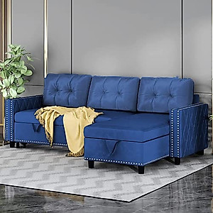 Mjkone Sectional Sleeper Sofa Bed with Storage 3 Seat Pull Out Sofa Bed Couch with Chaise Lounge Velvet Couch with Pull Out Bed L Shaped Sectional Sofa Couches for Living Room Apartment, Navy Blue