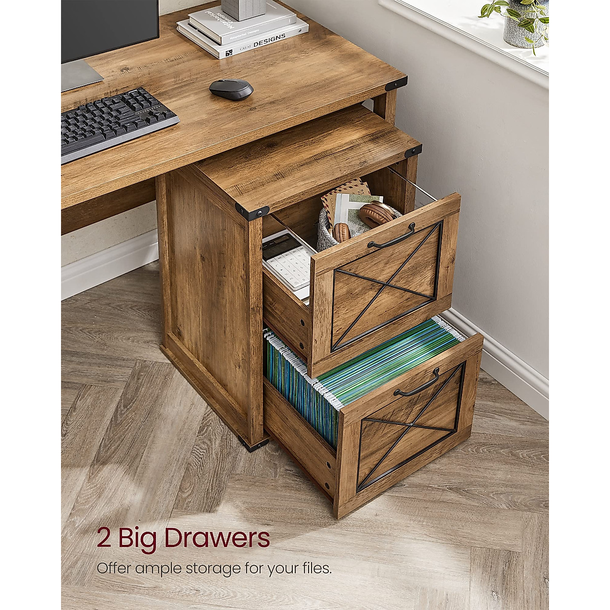 VASAGLE File Cabinet, Filing Cabinet with 2 Drawers, Printer Stand, Fit A4, Letter Size, Hanging File Folders, Modern Farmhouse Style, for Home Office, Study, Honey Brown UOFC048T41