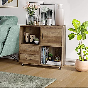 Graciia Wood Mobile File Cabinet, Lateral File Cabinet with 2 Drawers, Printer Stand with Storage Door and Shelves, Large Mobile Filing Cabinet for Home Office, Rustic Brown