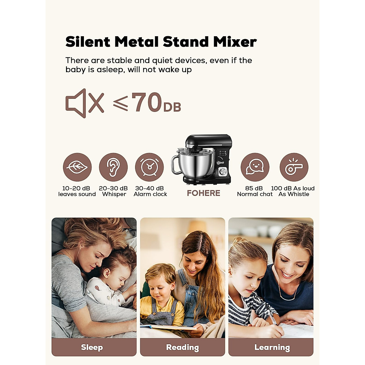 Stand Mixer Fohere, with Double Dough Hook, Wire Whip & Beater, 6+ P Speed Tilt-Head Food Mixer, Pouring Shield for Home Cooking, Dishwasher Safe Stainless Steel Bowl with Handle (Black)