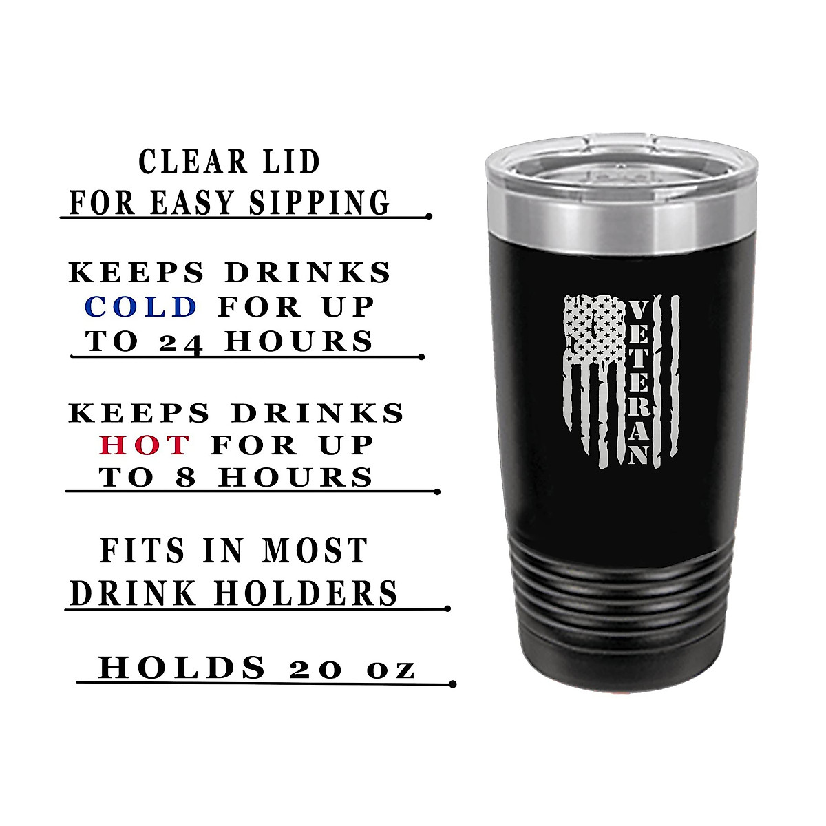 Rogue River Tactical USA Flag Veteran 20 Oz. Travel Tumbler Mug Cup w/Lid Vacuum Insulated Hot or Cold Military Vet Gift (Black)