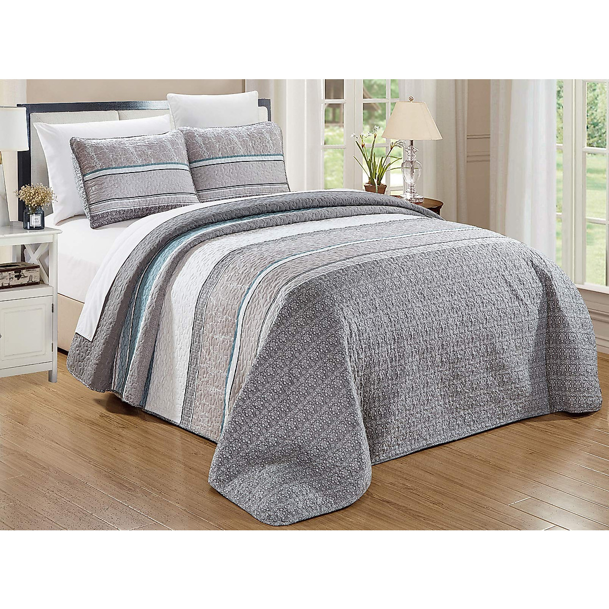 GrandLinen - 3-Piece Fine Printed Oversize (100 X 95) Quilt Set Light Weight Reversible Bedspread Coverlet Queen Size Bed Cover (Grey, Teal Blue (More Bluish), White, Stripe)