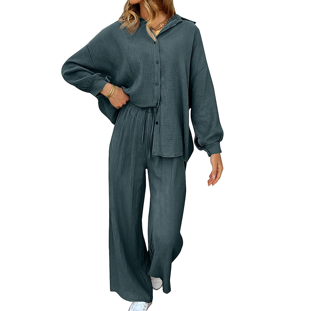 AUTOMET Clothes Womens Two Piece Outfits 2 Piece Matching Lounge Linen Wide Leg Palazzo Pants Sets Sweatsuit Spring Fashion 2024 Tracksuit