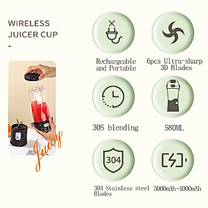 Portable blender 20oz 580ml,Personal blenders for smoothies and crush ice,270W Powerful Portable Mini Blender Cup with Travel Lid and USB Rechargeable for Offic e, Gym, Kitchen (Black)