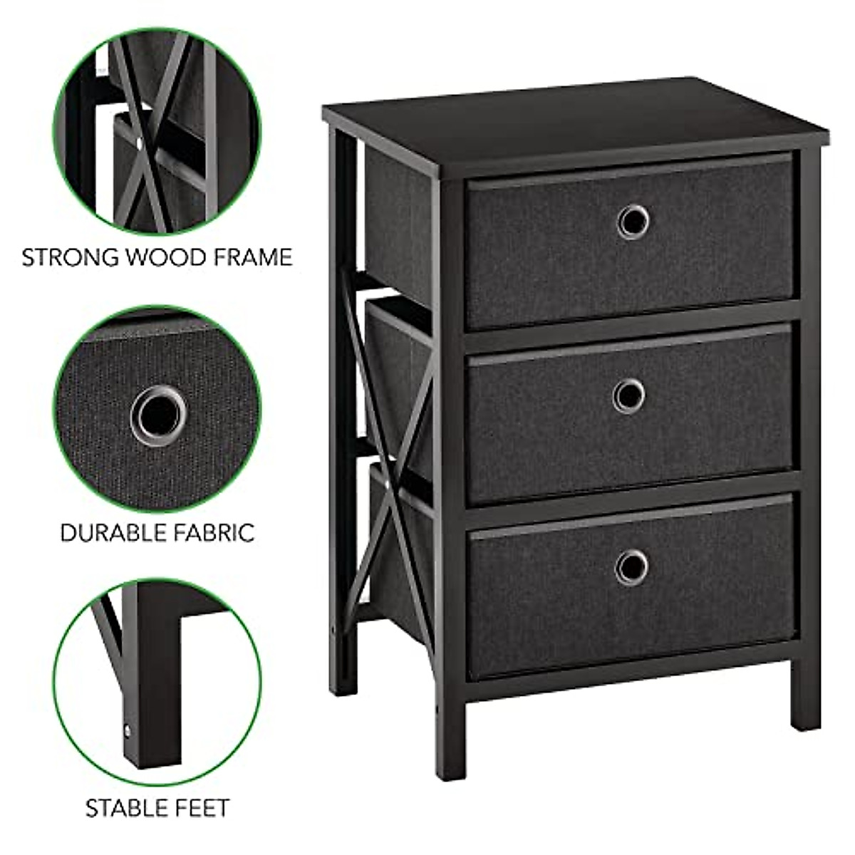 mDesign 3 Drawer Foldable Dresser Storage Unit - Wood Frame, Easy Pull Fabric Bins - Farmhouse Organizer Unit for Household Storage Bedroom, Hallway, Entryway, Closets - Black