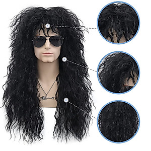 MUPUL Men's 80's Style Glam Rock-Rocker Long 26inch Black water wave Hair Wig Perfect for Halloween Cosplay Costume Party Wigs Rock Curly Wig (black-1)