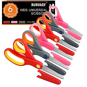 BURVAGY 5.5" Small School Student Blunt Kids Craft Scissors, Sharp Stainless Steel Blades Safety Comfort Grip for Children Cutting Paper, Assorted Color, 6 Pack