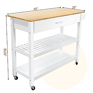 Unovivy Kitchen Island on Wheels, 3 Tier Kitchen Cart with Storage Drawer, 2 Shelves & Towel Rack, Rolling Kitchen Island with Wood Tabletop, Simple Design Mobile Island Table for Kitchen, White