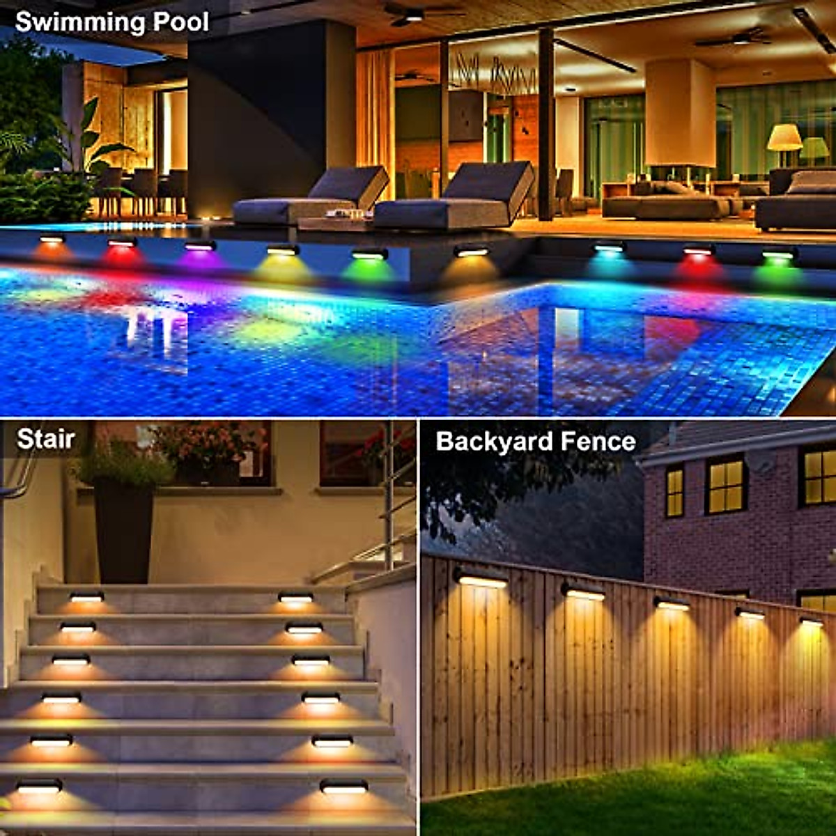 WdtPro Solar Deck Lights, 6 Pack Solar Fence Lights Outdoor Waterproof Warm White/Color Changing Solar Step Lights for Garden, Stairs, Wall, Deck, Fence, Pool, Front Door