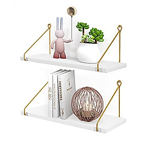 Afuly Floating Shelves Rustic Wall Shelves, Metallic Gold White Wall Mounted Shelves, Wall Hanging Storage for Bathroom Kitchen Bedroom, Wood Metal Chic Wall Bookshelf, Set of 2…