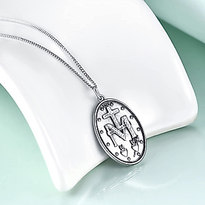 Rnivida 925 Sterling Silver Miraculous Medal Necklace, Catholic Our Blessed Mother Virgin Mary Oval Pendant Necklace for Women