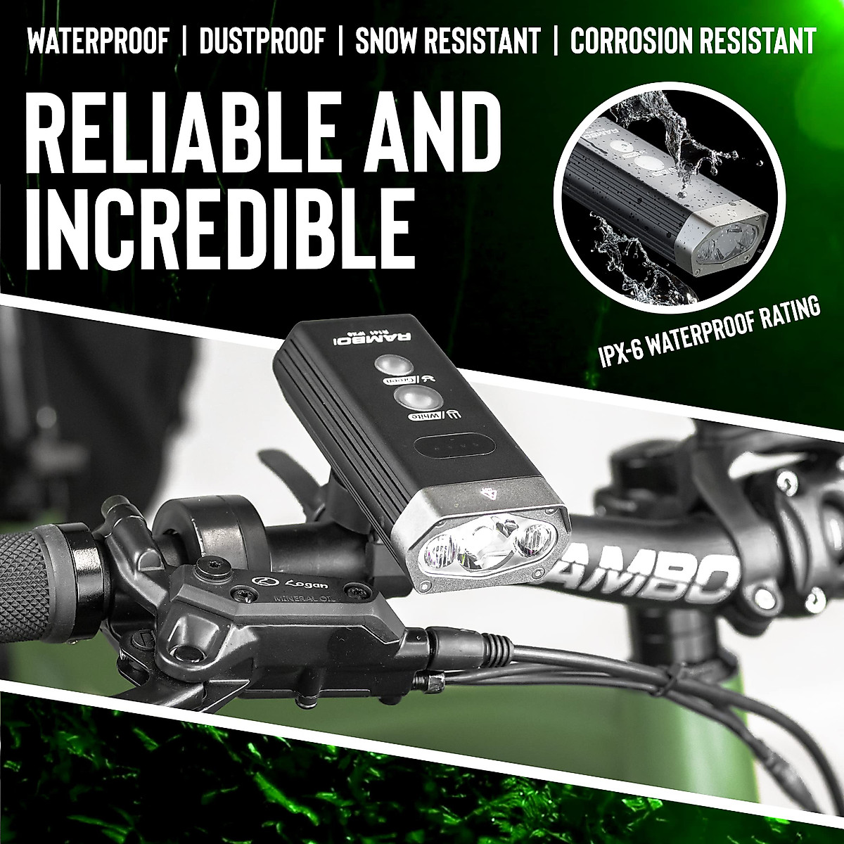 Rambo Bikes Pro Hunter Ultra Bright Flashlight - 1100 Lumens White and Green LED Light - USB Rechargeable LED Headlight, Powerbank, IPX-6 Waterproof Bicycle Light - 3 Light Modes, Impact Resistant