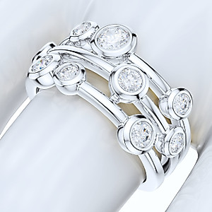 PRSTANI 9mm Wide Solid Sterling Silver Triplex Row Bubble Cocktail Ring Round Bezel Set Genuine Moissanite Wedding Band (12.5)