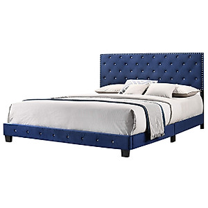 Glory Furniture Suffolk Velvet Upholstered King Bed in Navy Blue