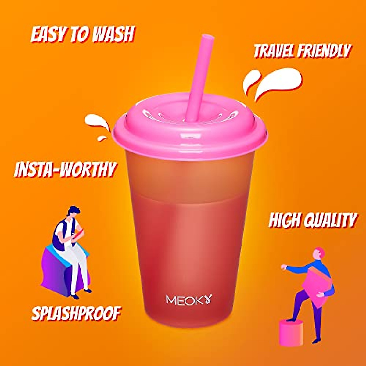 Meoky Color Changing Cups with Lids and Straws for Kids 12Pack 12oz Plastic Reusable Cold Drink Tumblers Summer Party Cups