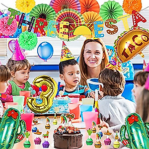 Mexican Third Birthday Party Decoration, Three-Esta Party Fiesta Decorations, 3rd Birth Cinco De Mayo Mexican Themed Taco Party Decorations with Fiesta Paper Fans and Tissue Pom Paper Flowers for Baby