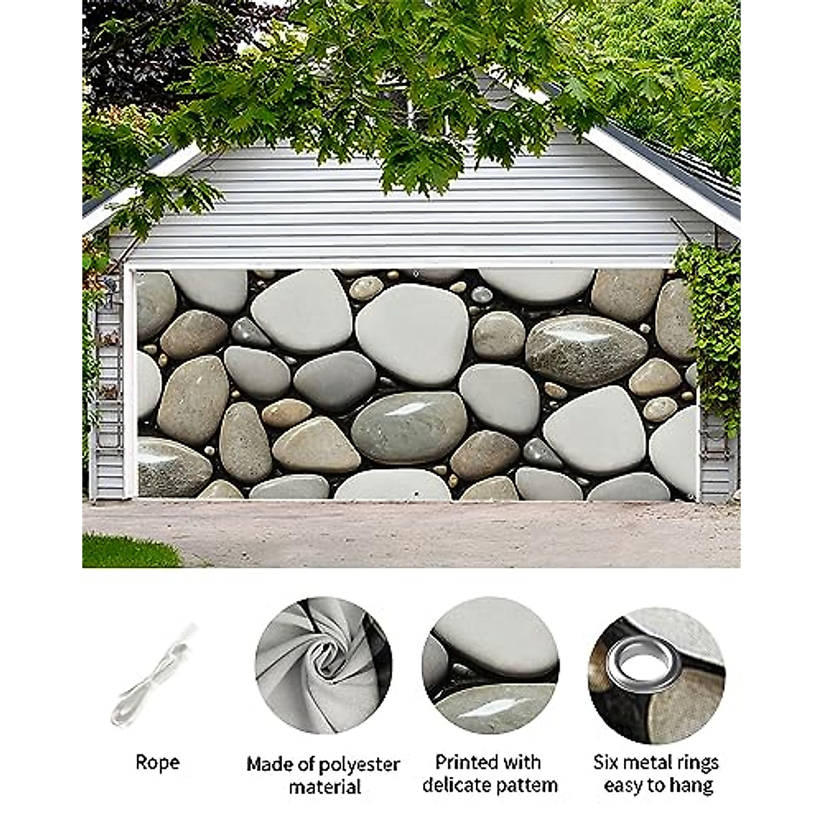 Black White Pebble Texture Garage Door Decorations, Abstract Modern Art Garage Door Banner Cover with Grommets, Garage Door Mural Backdrop Decoration for Indoor Outdoor Wall Door Photography 7x8ft