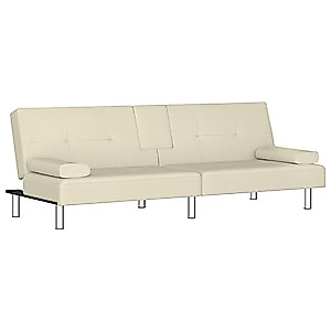 YAFF Modern Folding Sofa Bed, Faux Leather Convertible Sleeper Couch with 2 Cushions & USB connector & Cup Holders, Home Love seat Guest Bed for Living Room, Guest Room, 78.7"W x 35"D x 27.6"H— Cream