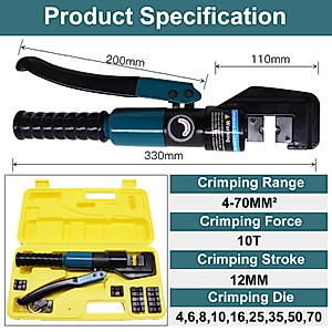 BLIKA 10 Ton Hydraulic Crimping Tool and Cable Cutter, Hydraulic Wire Battery Cable Lug Terminal Crimper Crimping Tool with 11 Dies, Wire Swaging Tool for 1/8" to 3/16" Cable Railing Hardware