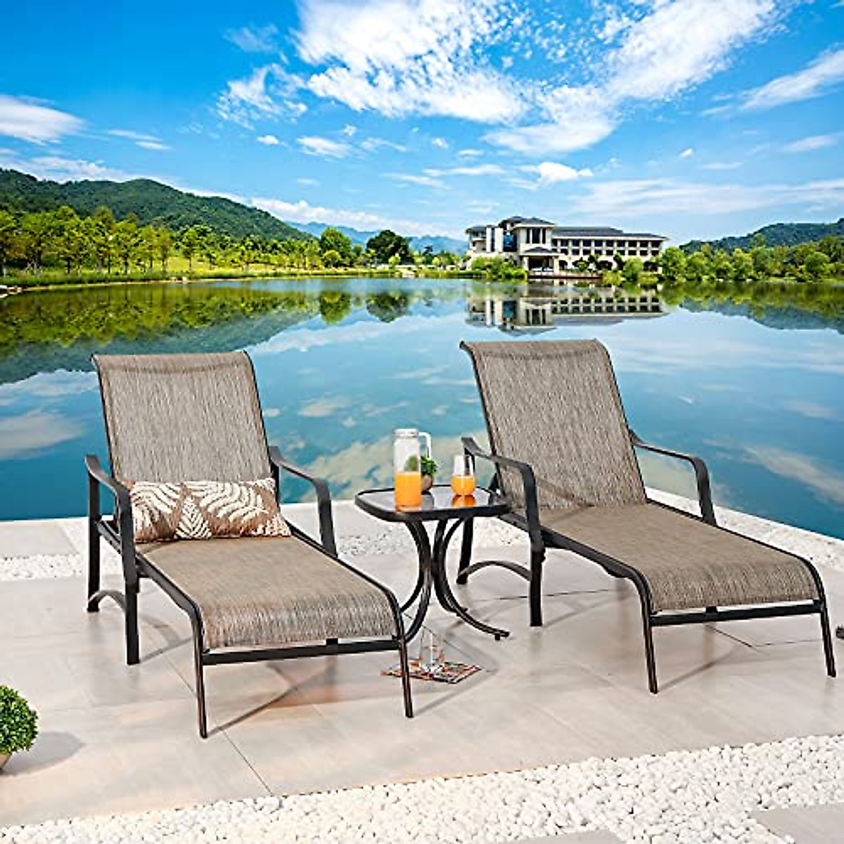 Festival Depot 3Pcs Outdoor Lounge Chair Set of 2 Patio Chaises with Adjustable Backrest in 4 Reclining Levels and Bistro Table Metal Furniture for Poolside, Gray