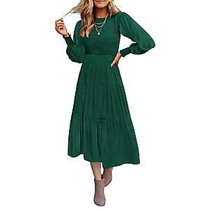 ZESICA Women's Casual Long Sleeve Crew Neck High Waist Smocked Flowy Tiered Midi Dress,DarkGreen,Large