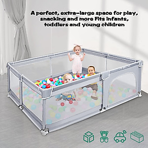 Large Baby Playpen, 71x59 Extra Large Baby Playard for Toddler, Playpens for Babies, Sturdy Safety Kids Activity Center, Baby Gate Playpen with Breathable Mesh 2 Handles（Light Gray）