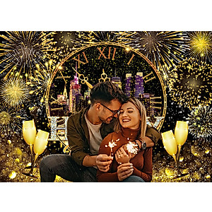BAIFNEZ 2024 New Year Countdown Backdrop Sparkling Gold Fireworks Champagne Glasses City Night Photography Background New Year's Eve Family Gathering Business Party Decoration Supplies (7x5FT, Gold)