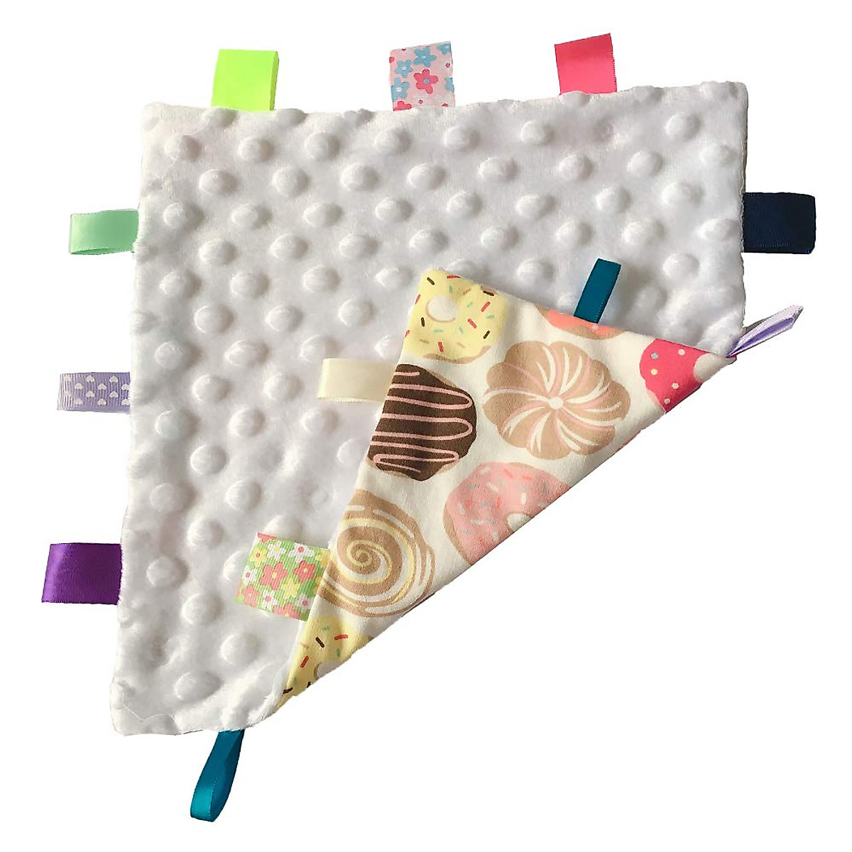 Lovey Baby Security Tags Blanket Soft Comfort Soothing Sensory Tag Plush Toy with Colorful Textured Ribbon Tag Blanket