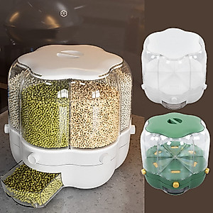 Rice Dispenser Box, 6 Compartments Rotating Grain Container Large Capacity Grain Storage Box Home Kitchen Separate Rice Bucket Dry Food Dispenser for Rice, Millet, Barley, Beans (White 9kg / 19.84lb)