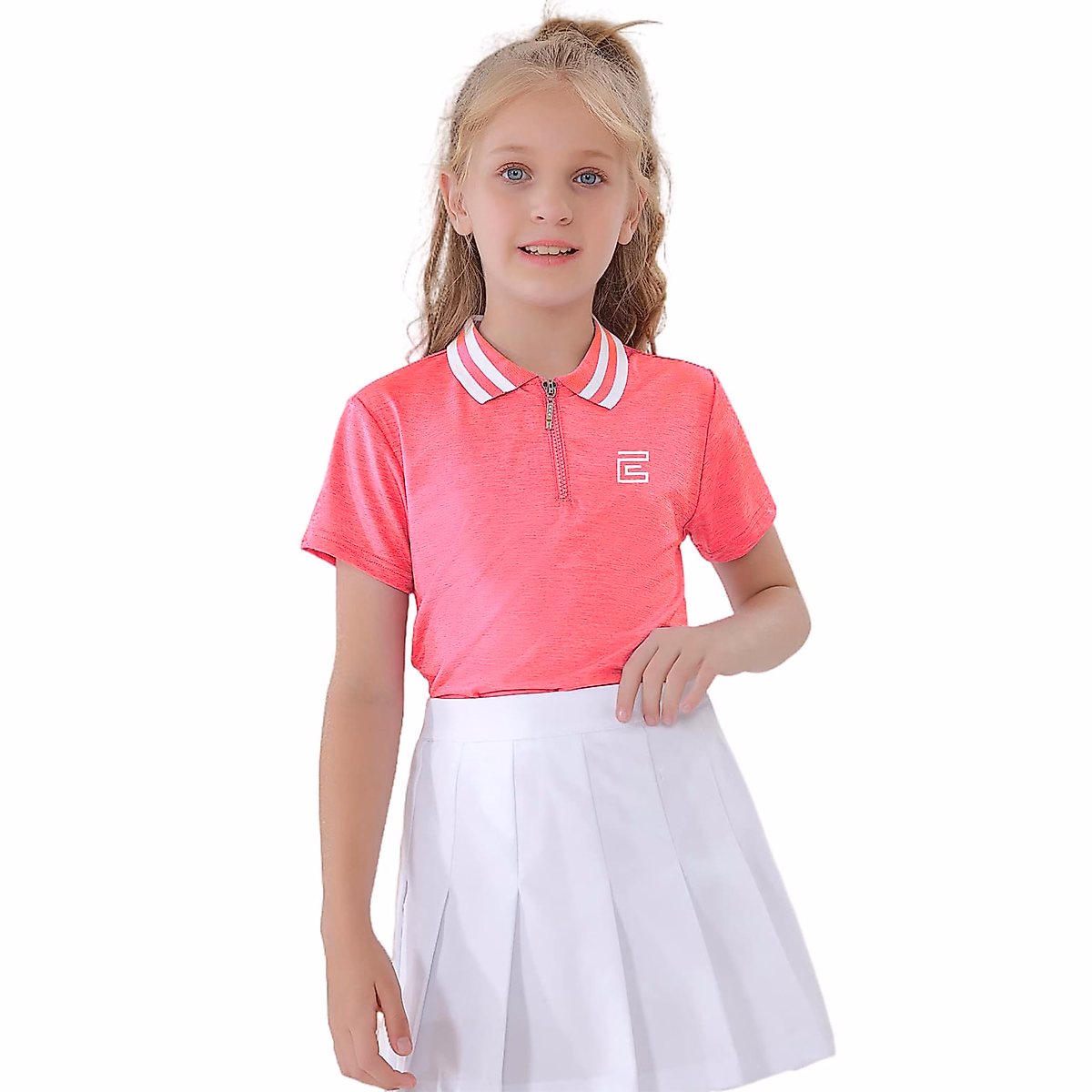 EXARUS Girls' Short Sleeve Golf Tennis Polo Shirts Kids 1/4 Zip Athletic Workout Quick Dry Golf Clothes UPF 50+ T-Shirts Rose 8 Years