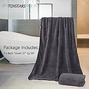 TENSTARS Silk Hemming Bath Towels for Bathroom Clearance - 27 x 55 inches - Light Thin Quick Drying - Soft Microfiber Absorbent Towel for Bath Fitness, Sports, Yoga, Travel, Gym - 2 Pack, Dark Grey