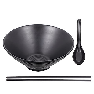 BESTonZON Japanese Style Ramen Bowls, Soup Bowl Melamine Hard Plastic Dishware Ramen Bowl Set with Matching Spoon and Chopsticks for Pho Udon Asian Dishes (4, Black, 9 inches)