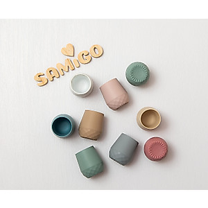 SAMiGO Silicone Baby Utensils - Self Feeding Spoons and Tiny Training Cup - First Stage Baby Led Weaning Supplies for 6 Months+ Infants - Set of 3