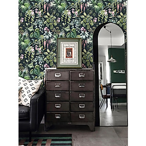 Ismoon Green Peel and Stick Wallpaper, Tropical Wallpaper Black/Green/Pink Contact Paper Jungle Leaf Wallpaper Peel and Stick Removable Wallpaper Vinyl Self Adhesive Wallpaper Waterproof