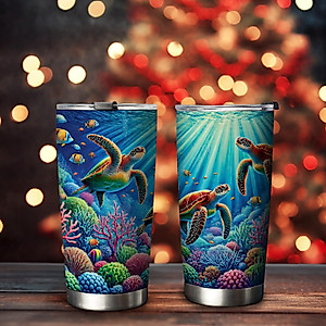 20oz Sea Turtle Tumbler, Gifts for Turtles Lovers, Ocean, Beach Gifts, Coffee Thermos for Women, Men, Stainless Steel Double Wall Vacuum Insulated Coffee Mug, Travel Cup with Lid