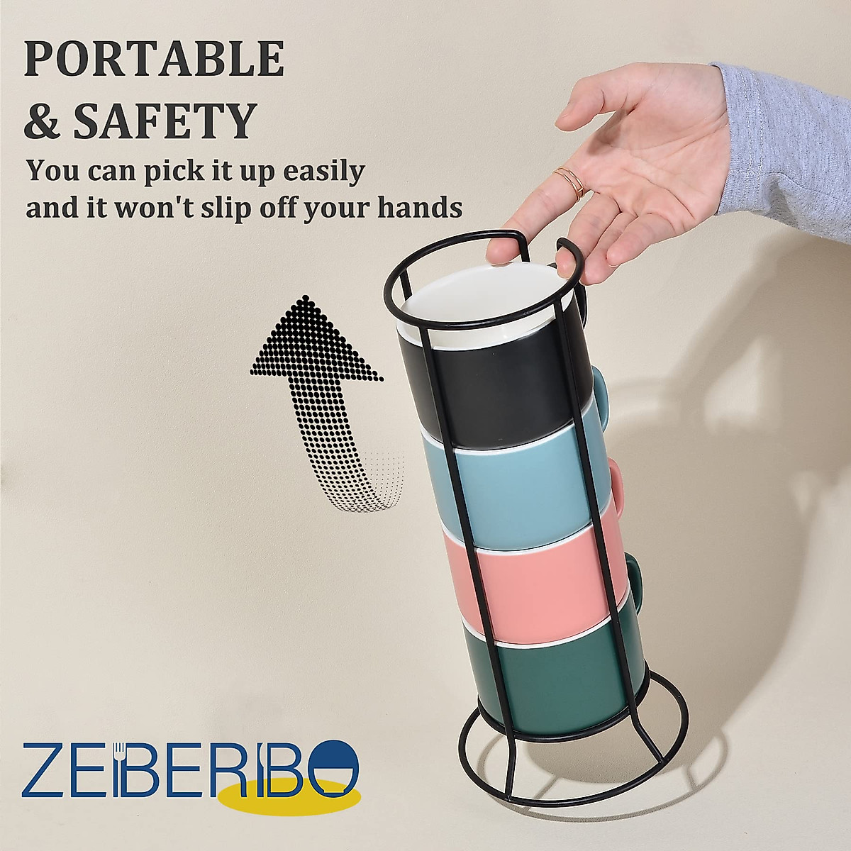 ZEBERBO Ceramic Cappuccino Cup, Espresso Cups Set of 4 with Metal Stand, 8 oz Stackable Porcelain Coffee Mugs, Demitasse Cappuccino Cups Set for Latte,Coffee,Cafe Mocha,Tea, Cafe Mocha 4