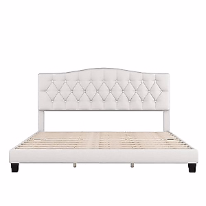 GERDIOEB Queen Full King Size Bed Frame, Upholstered Platform Bed with Saddle Curved Headboard & Diamond Tufted Details, Wood Slat Support, No Box Spring Needed for Bedroom Boys Girls, Beige (King)