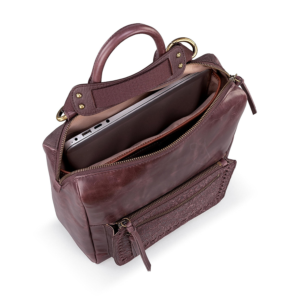 The Sak Loyola Convertible Backpack in Leather, Adjustable Convertible Strap, Mahogany Tile Emboss