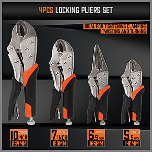 HORUSDY 4-Piece Locking Pliers Set, 5-inch, 7-inch and 10-inch Curved Jaw and 6-1/2-inch Straight Jaw