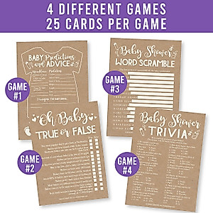 Hadley Designs Rustic Baby Shower Games Gender Neutral - 50 cards, Two 25-game sets, 4 Games Double Sided, Baby Prediction And Advice Cards, Baby Trivia, True Or False Baby Game, Gender Reveal Games